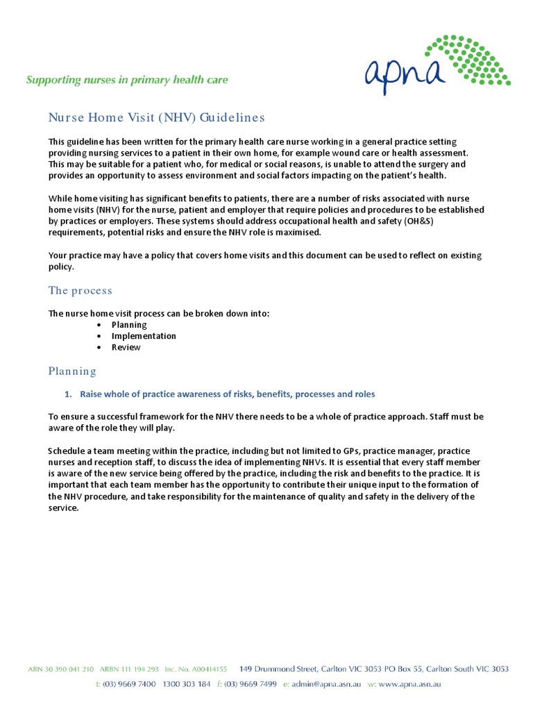 APNA Nurse Home Visit Guidelines | PDF | Nursing | Occupational Safety ...