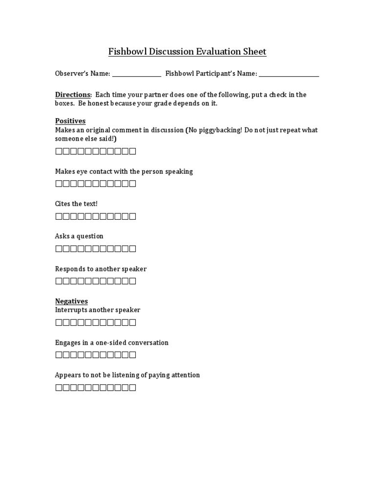 Fishbowl Discussion Evaluation Sheet | PDF | Human Communication ...