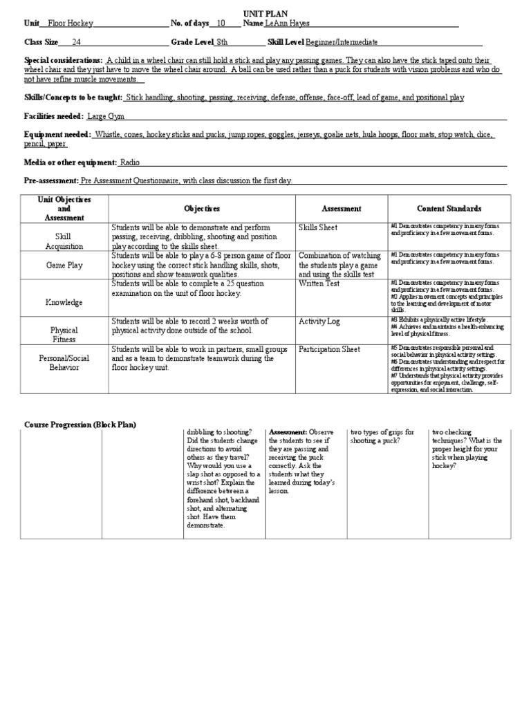Floor Hockey Block Plan | PDF | Games Of Physical Skill | Athletic Sports