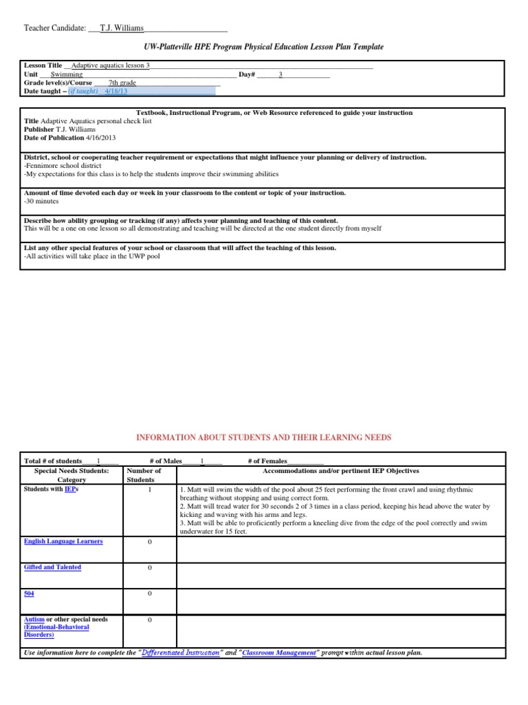 Adapted Aquatics Lesson Plan 3 | PDF | Human Swimming | Lesson Plan