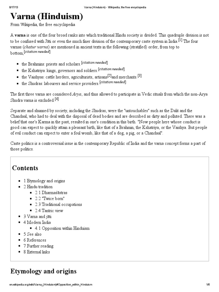 Varna (Hinduism) - Wikipedia, The Free Encyclopedia | PDF | Indian ...