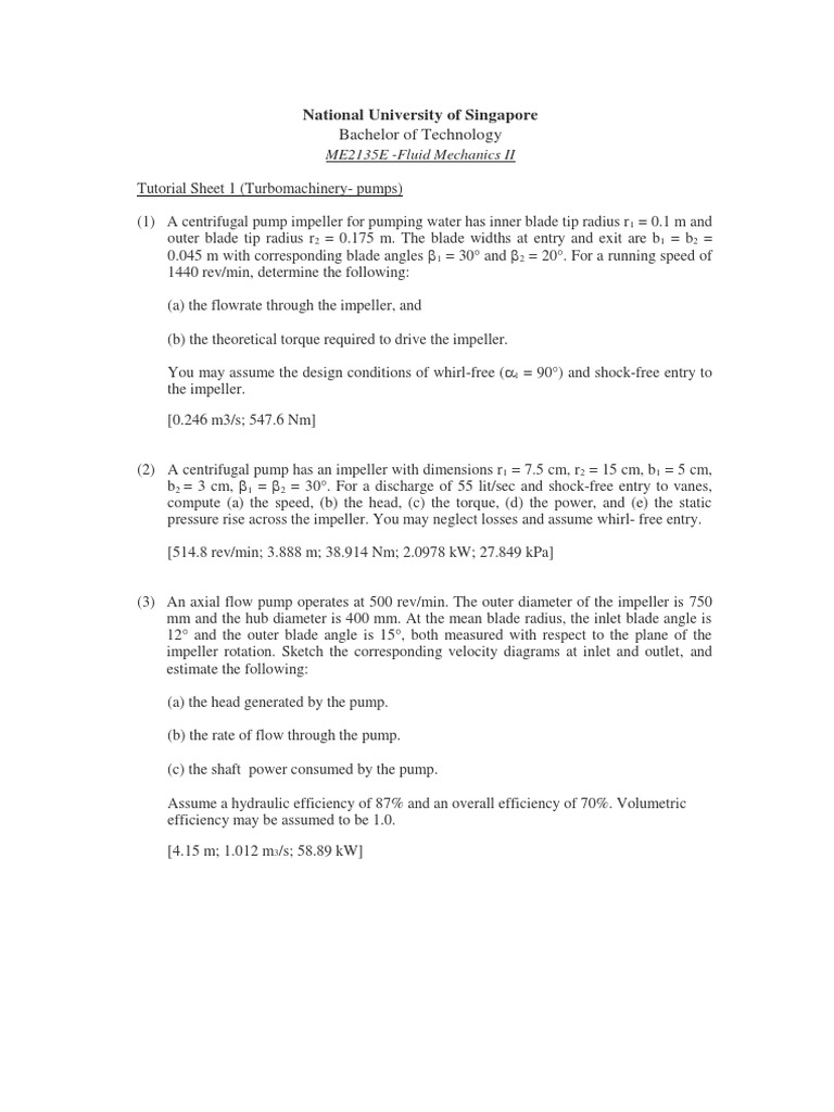 ME2135E Fluid Mechanics II Tutorial 1 | PDF | Pump | Turbomachinery