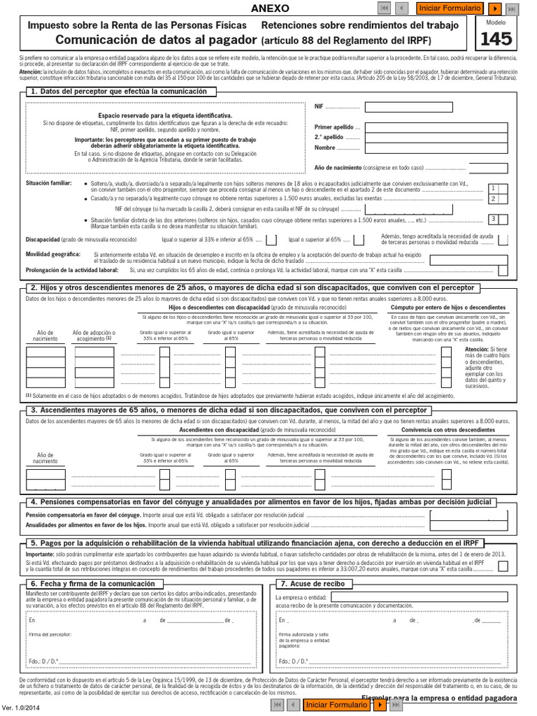 Modelo 145: Comunicación IRPF al Pagador | PDF