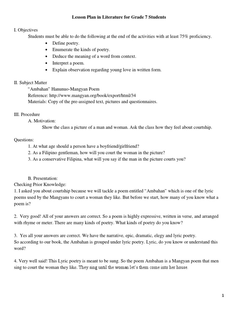 Semidetailedlessonplanop 121013230321 Phpapp02 | PDF | Lyric Poetry ...