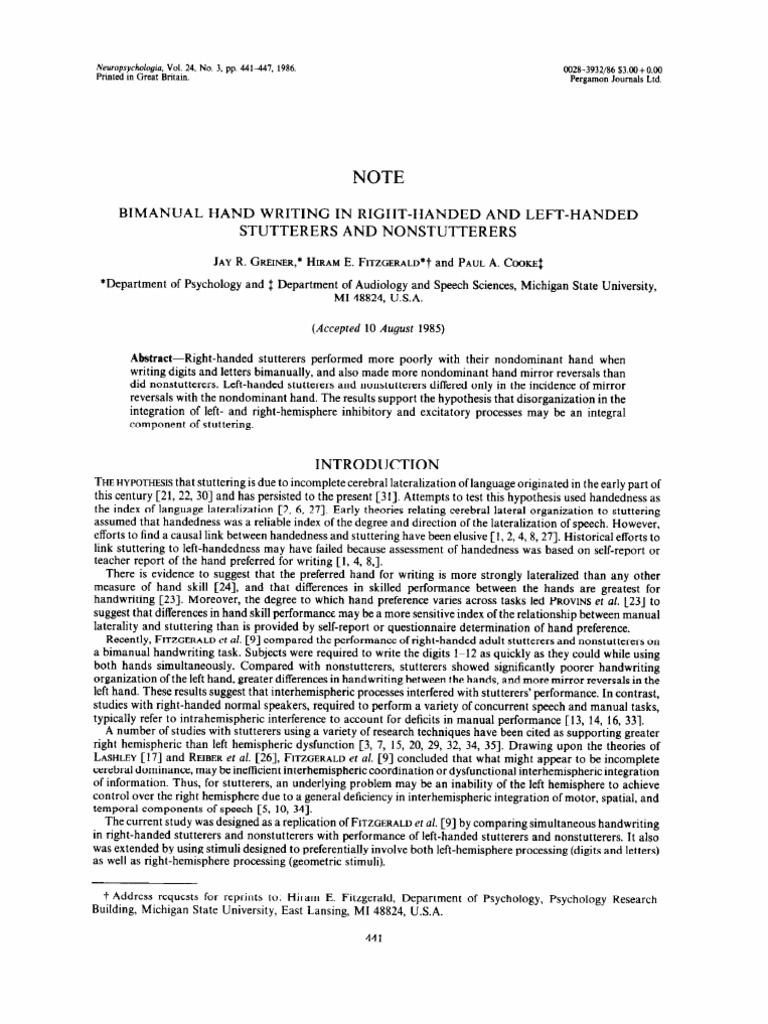 Bimanual Hand Writing in Right-Handed and Left-Handed Stutterers and ...