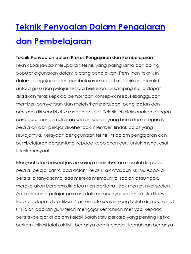 Teknik Penyoalan Dalam Pengajaran Dan Pembelajaran | PDF | Karier ...
