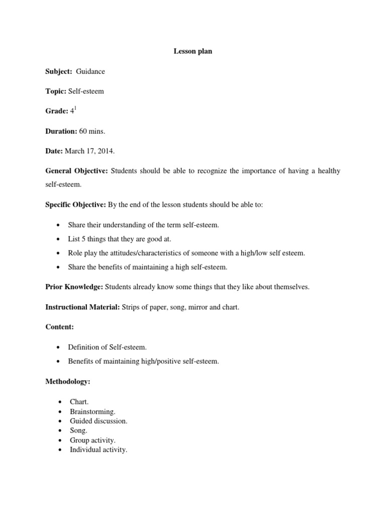 Self Esteem Lesson Plan Self Esteem Lesson Plan Free 30 Day Trial Scribd