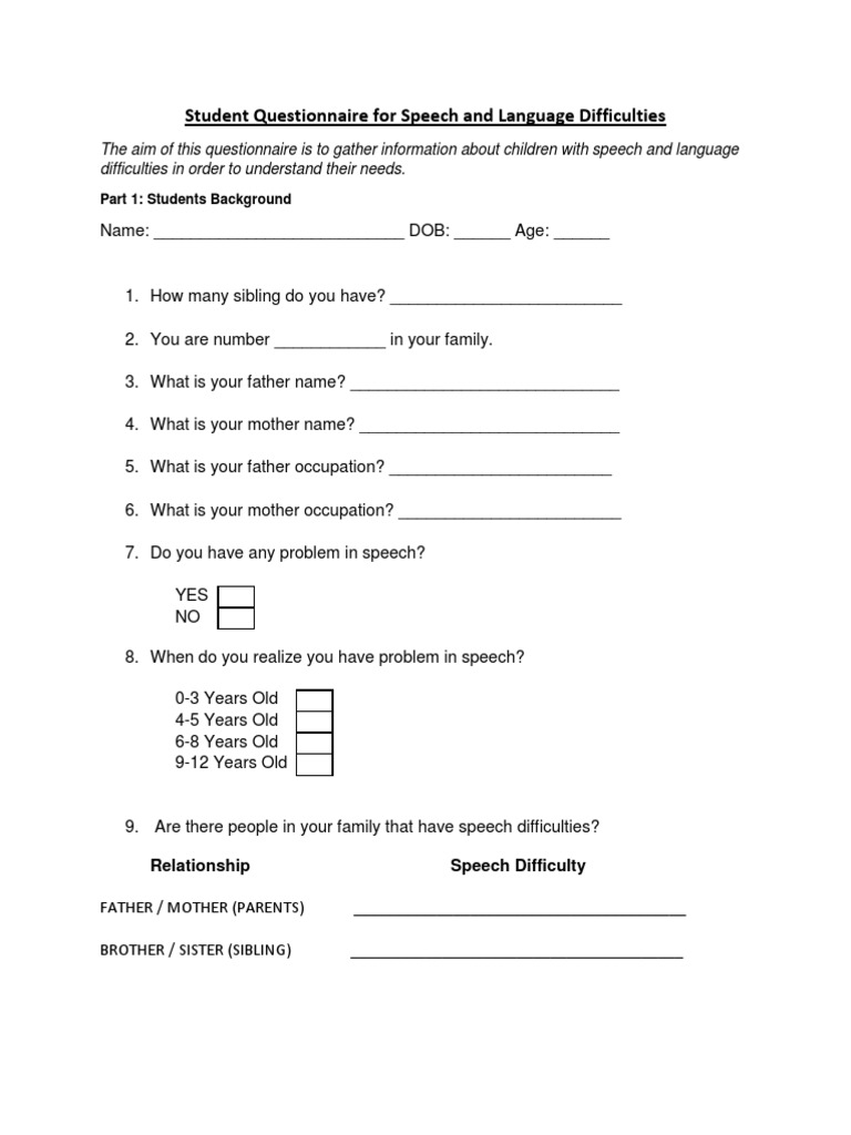 Student Questionnaire for Speech and Language Difficulties | Speech ...