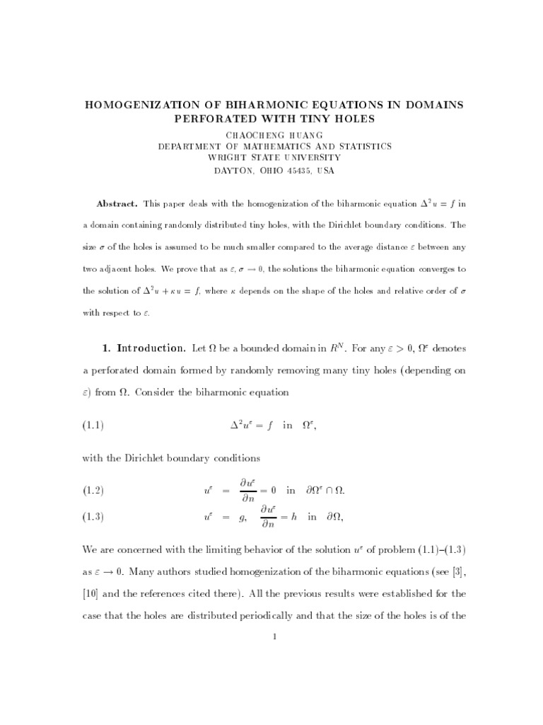 Homogenization of Biharmonic Equations in Domains Perforated With Tiny Holes | PDF | Partial ...