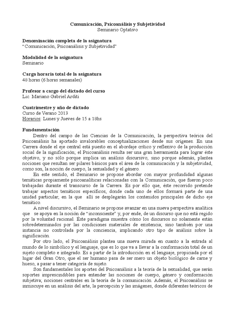 Psicoanálisis y Comunicación: Seminario 2013 | PDF | Psicoanálisis ...