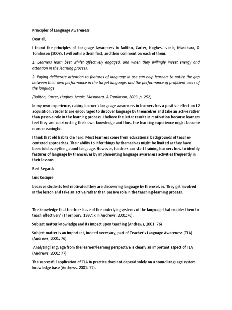 Principles of Language Awareness | PDF | Teachers | Teacher Education