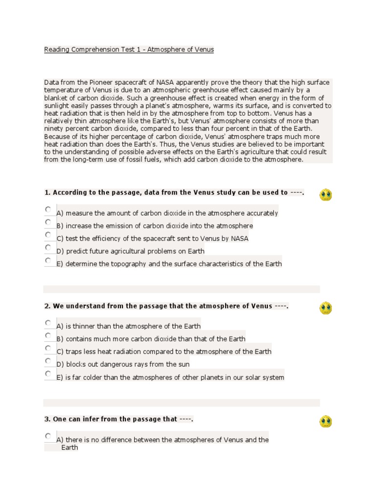 Reading Comprehension | PDF | Atmosphere Of Earth | Venus