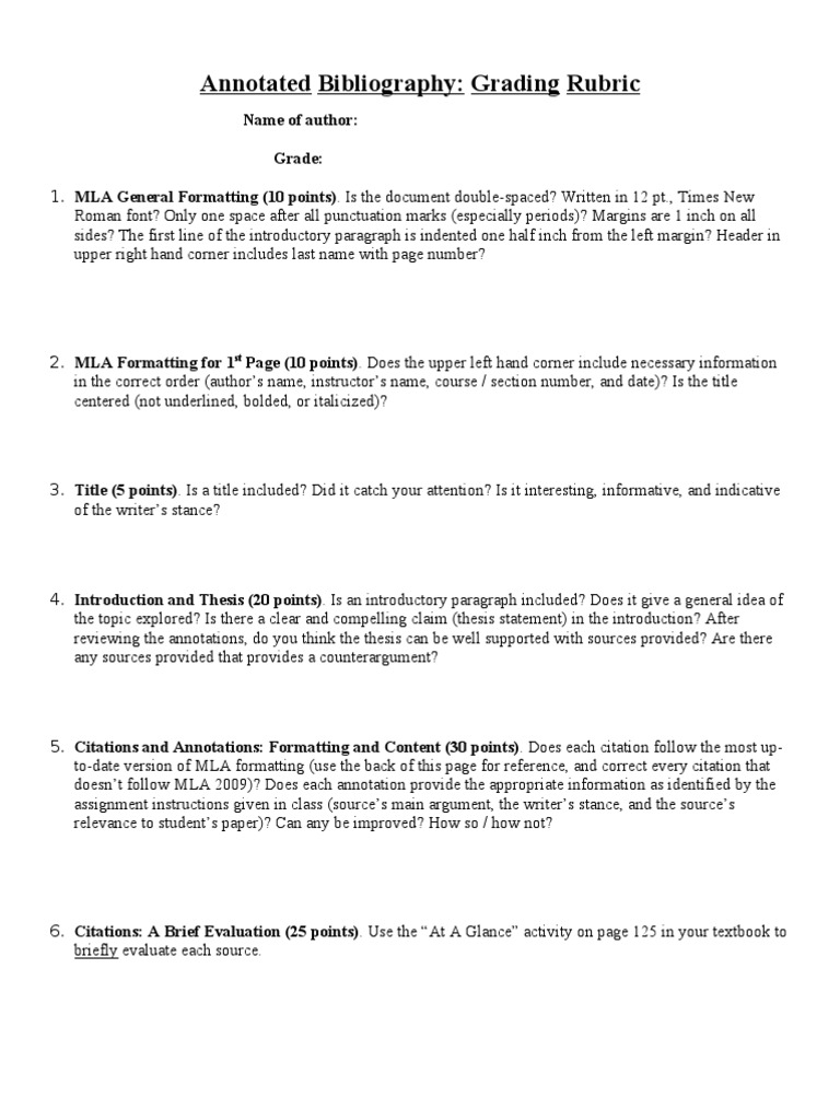 Annotated Bibliography Grading Rubric | PDF | Citation | Books