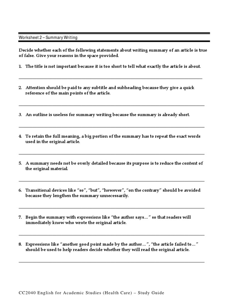 Study Guide Worksheet 2 Summary Writing | PDF