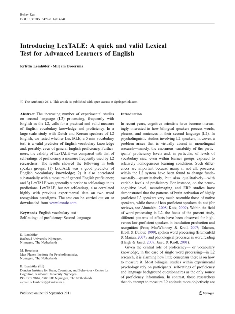 LemhoferBroersma Introducing LexTALE | PDF | Second Language | Test ...