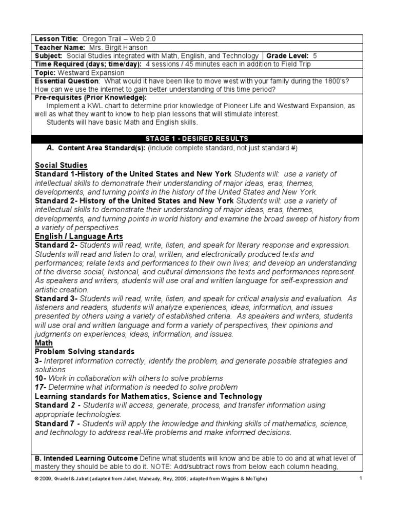 Oregon Trail Lesson Plan for 5th Grade | PDF | Psychological Concepts ...
