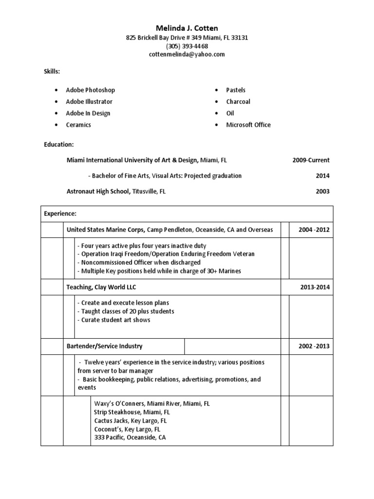 Visual Arts Resume: Melinda J. Cotten | PDF | Career & Growth