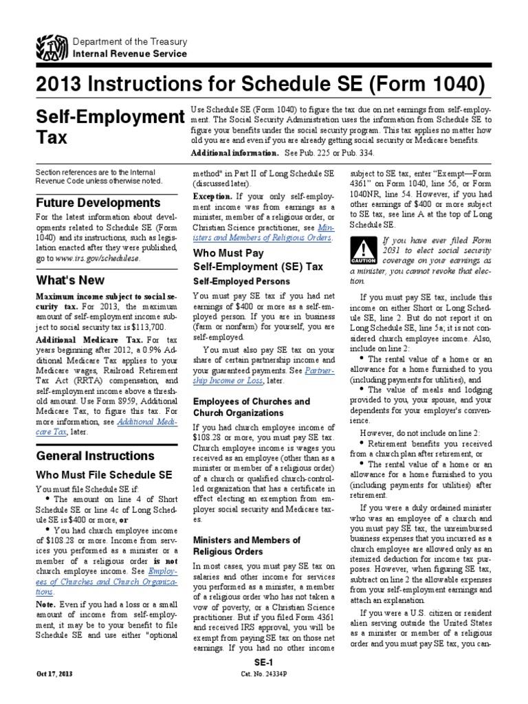 2013 Instructions For Schedule SE (Form 1040) : Self-Employment Tax ...