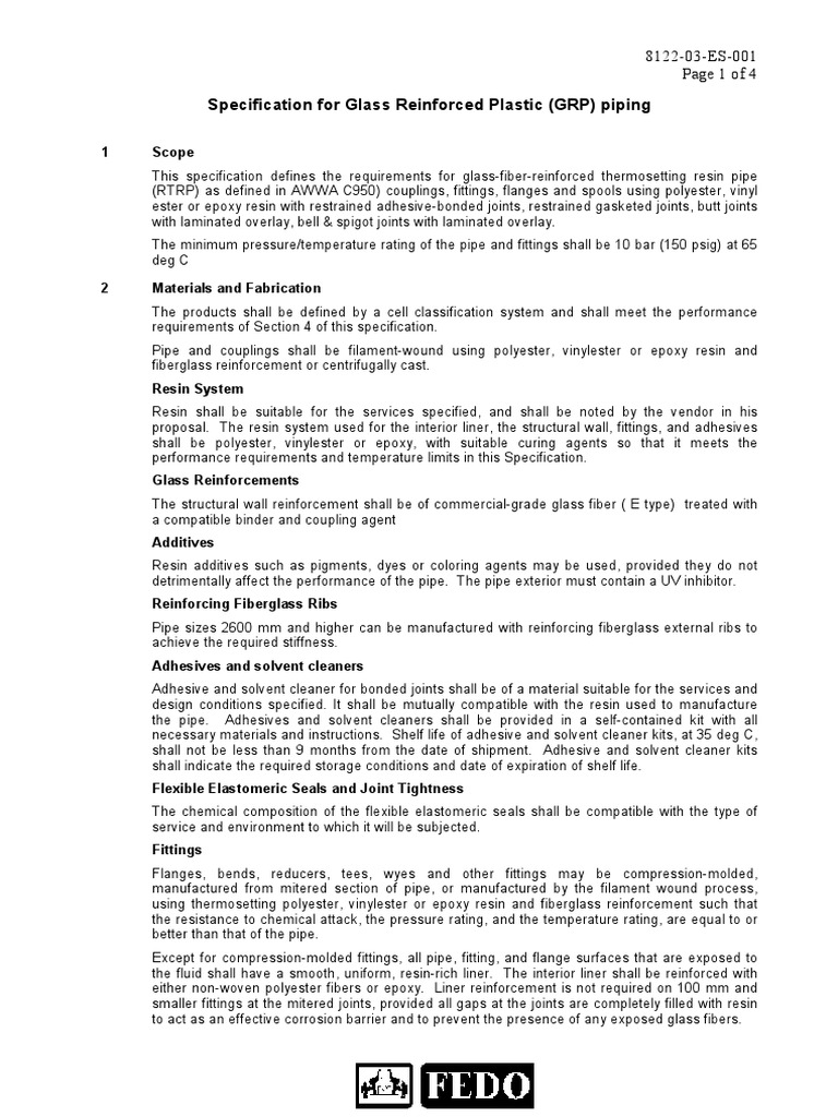 GRP Piping Specification Overview | PDF | Fiberglass | Strength Of ...