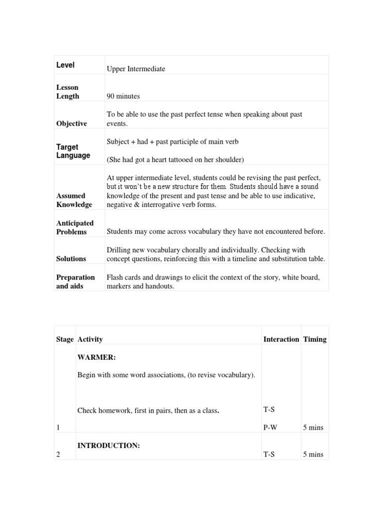 Past Perfect Tense Lesson Plan | PDF | Perfect (Grammar) | Vocabulary