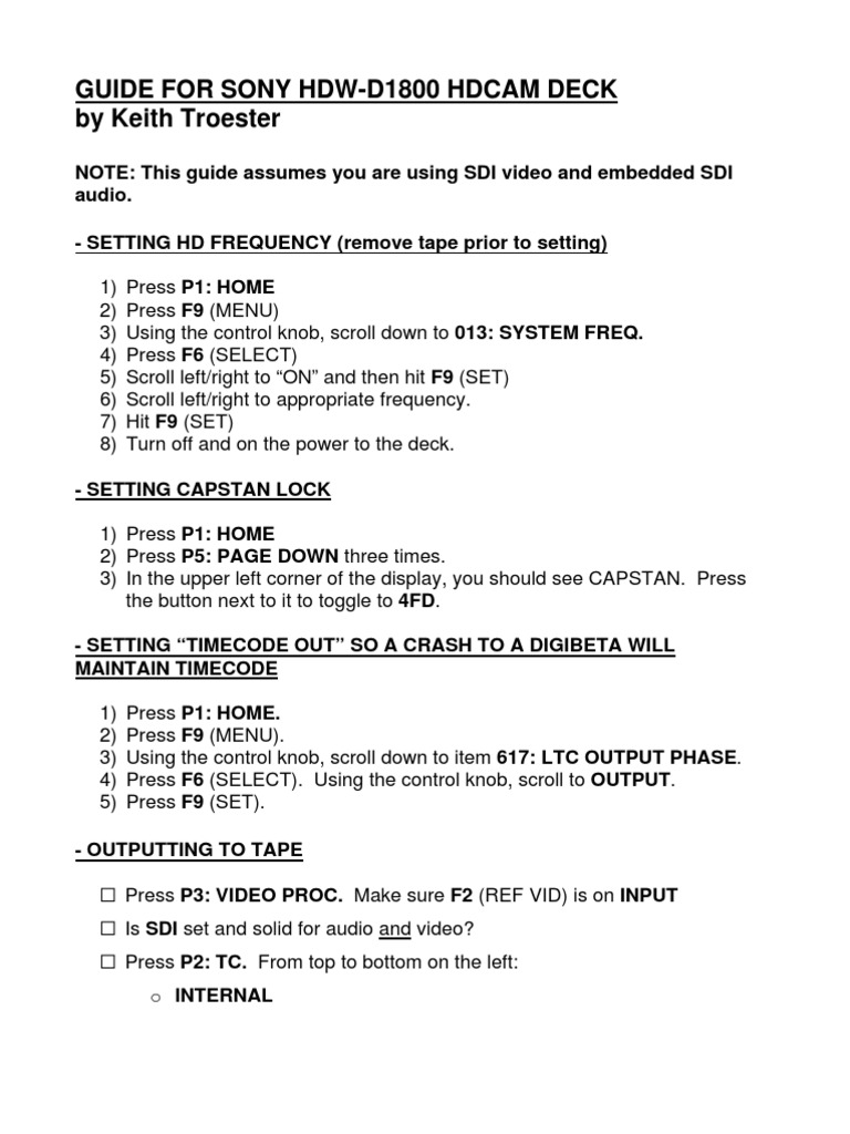 Sony HDW-D1800 HDCAM Setup Guide | PDF | Video | Media Formats
