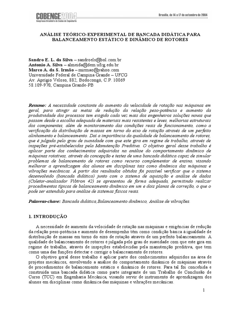 Análise Teórico-Experimental de Bancada Didática para Balanceamento ...