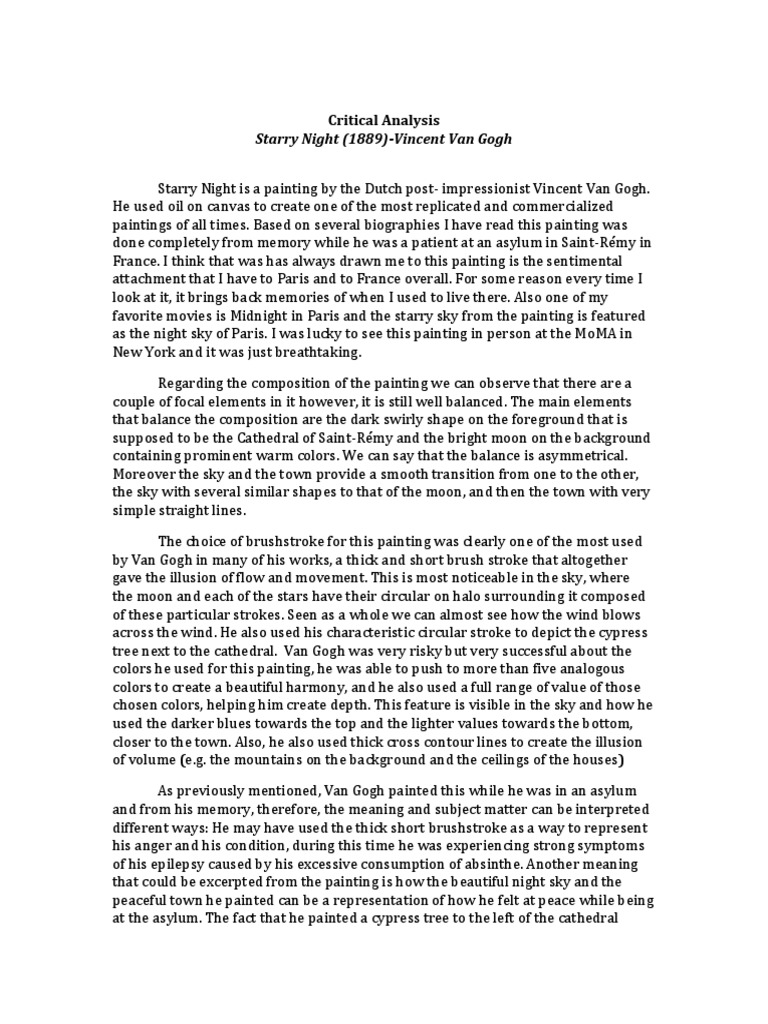 Starry Night Critical Analysis | Vincent Van Gogh | Paintings