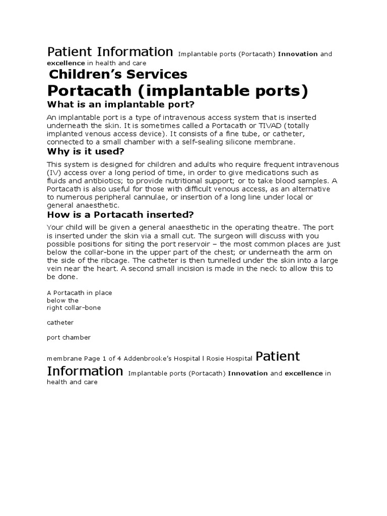Portacath (Implantable Ports) : Children's Services | PDF | Intravenous ...