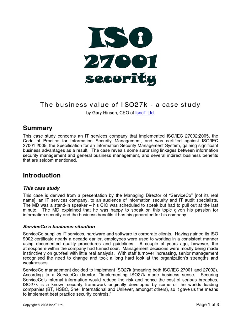 ISO27k The Business Value of ISO27k Case Study PDF | PDF | Information Security | Risk Management