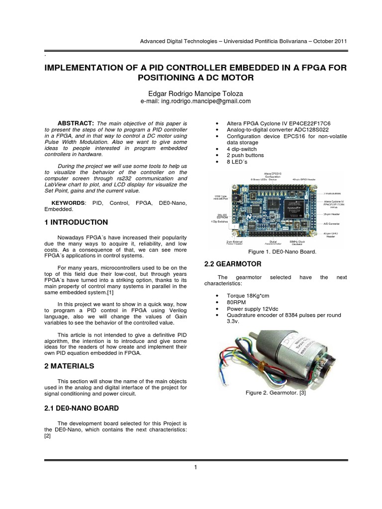 Implementation of A Pid Controller Embedded in A Fpga For Positioning A DC Motor | Download Free ...