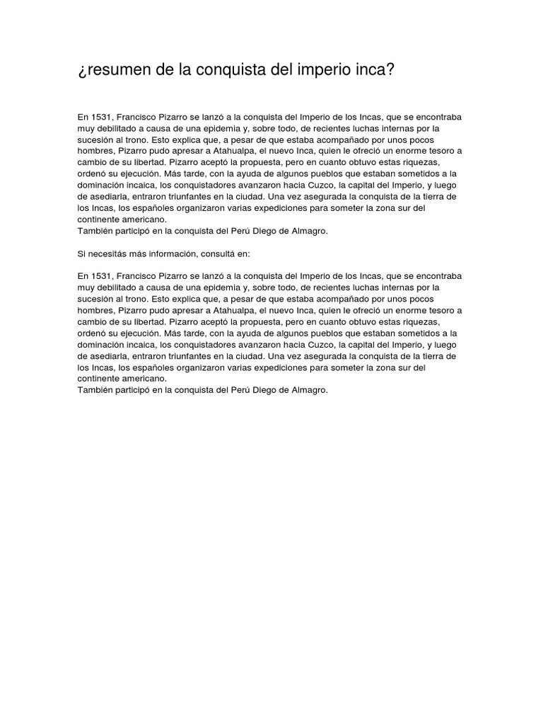 Resumen de la conquista incaica | PDF | Francisco Pizarro | Imperio Inca