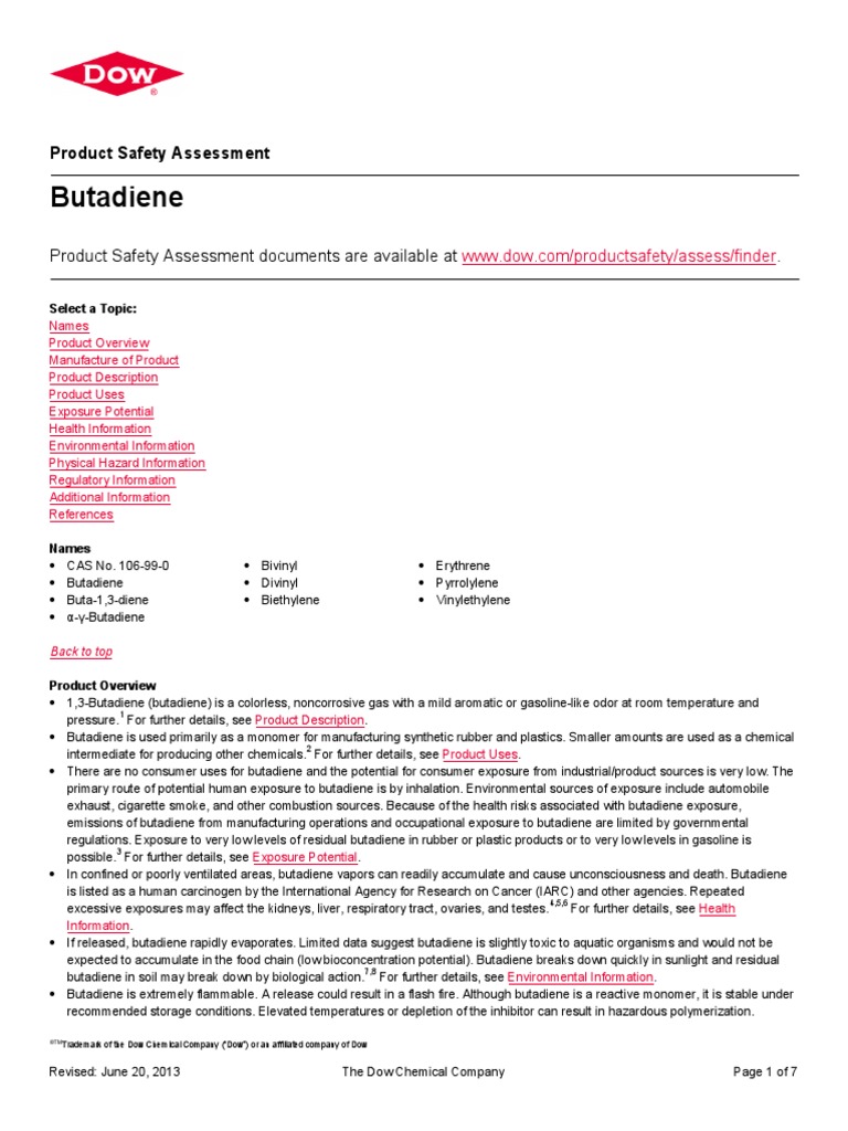 Butadiene: Product Safety Assessment | PDF | Toxicity | Air Pollution