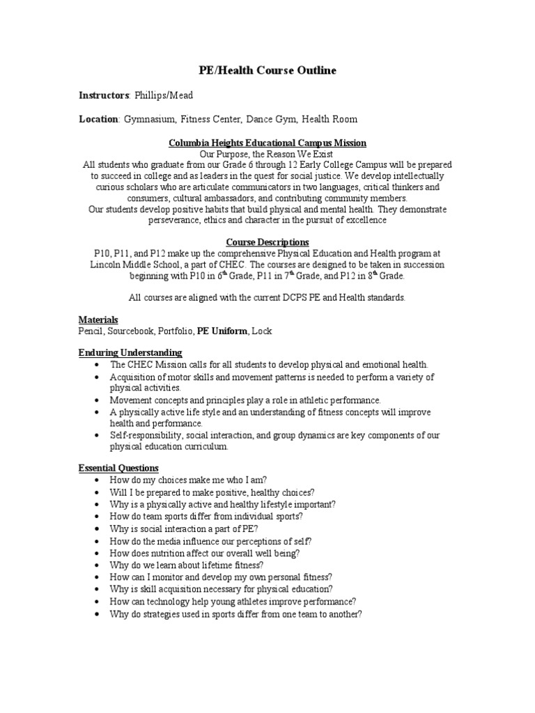 PE/Health Course Outline | Physical Education | Behavior Modification