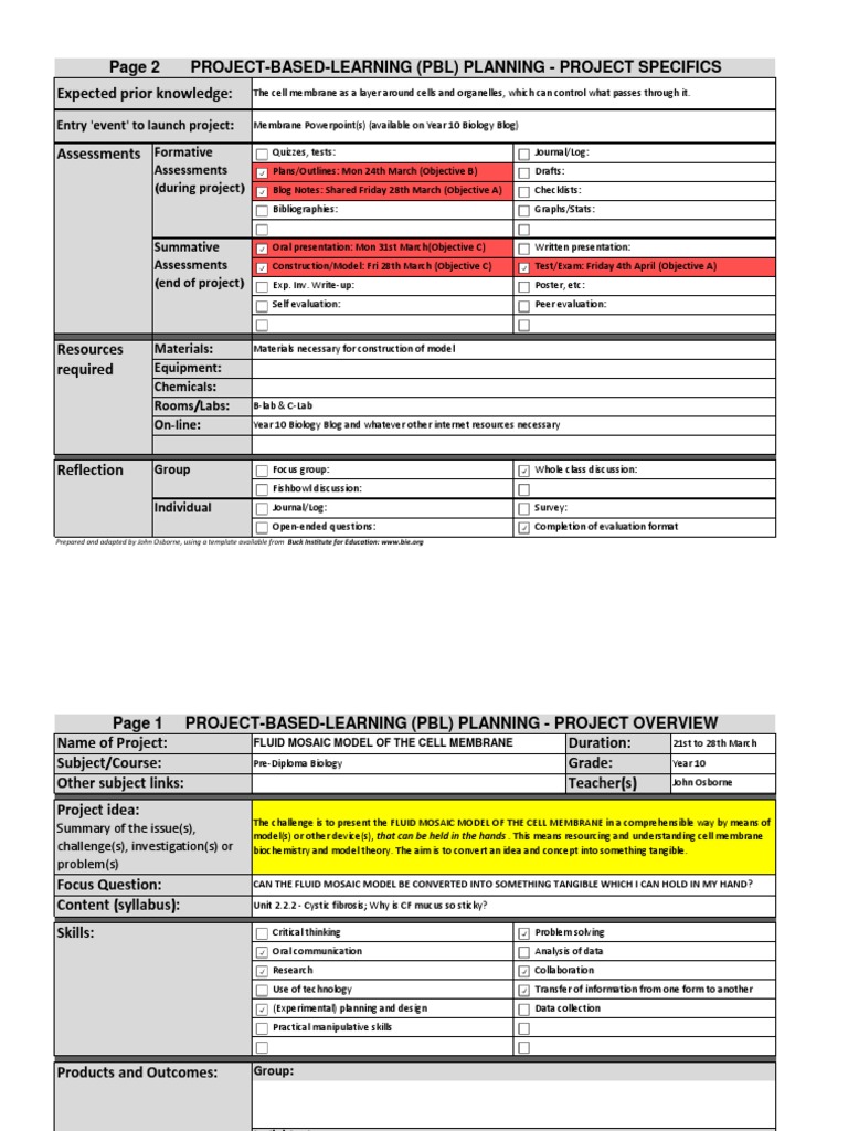 PBL Project Planning Guide Cell Membrane | PDF | Educational Assessment ...