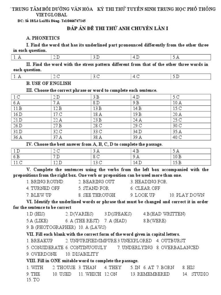 Đáp án đề thi thử | PDF | Semiotics | Syntax