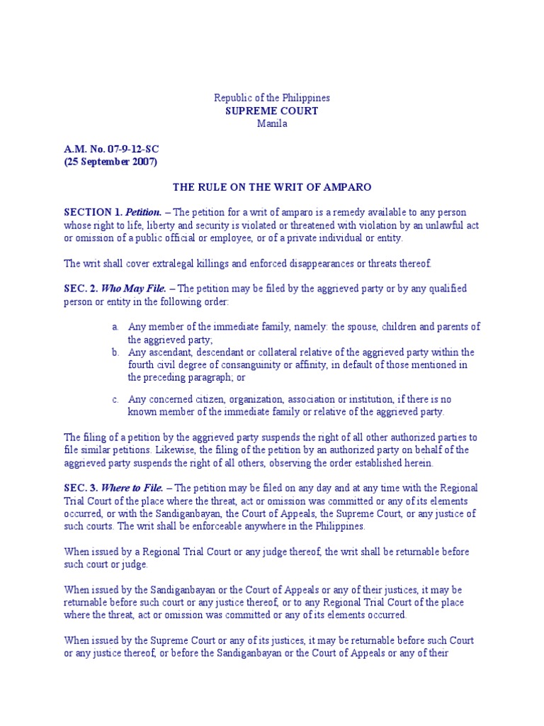 rULE ON wRIT OF aMPARO | PDF | Pleading | Writ