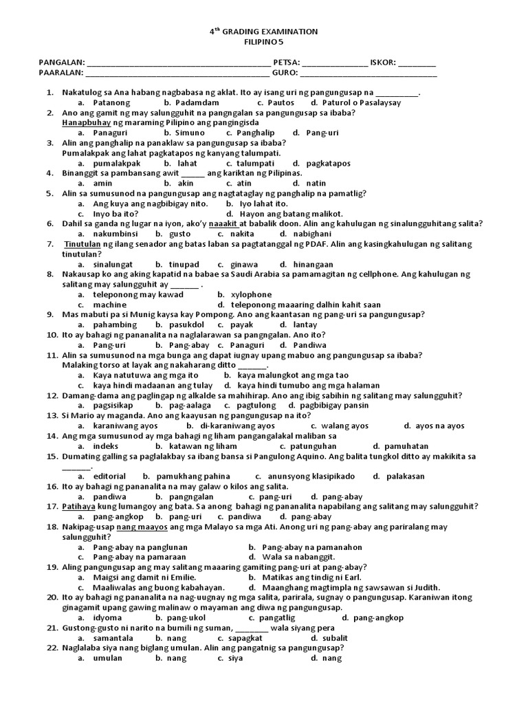 4th Grading Examination - Fil | PDF