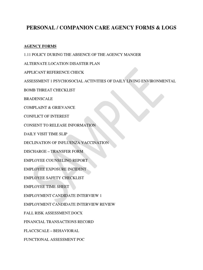 Personal Care Agency Forms and Logs | PDF