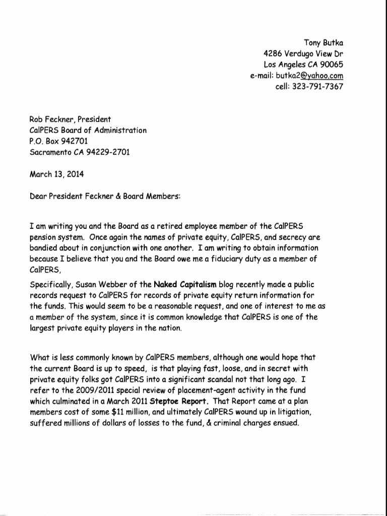 Tony Butka Letter To CalPERS | PDF