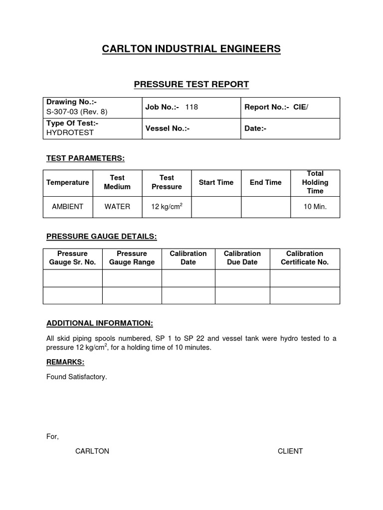 Hydrotest Report for Carlton Engineers | PDF | Technology & Engineering