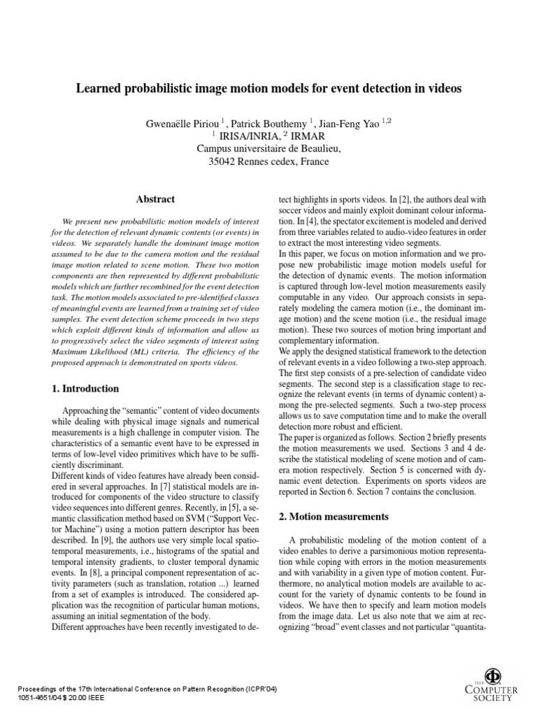Learned Probabilistic Image Motion Models For Event Detection in Videos | PDF | Image ...