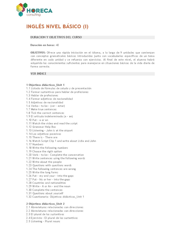 Temario Ingles Nivel Basico | PDF | Preposición y Postposición | Verbo