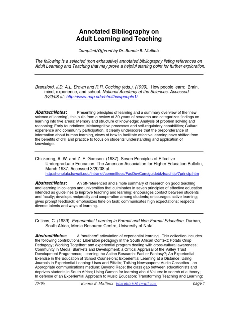 Annotated Bibliography On Adult Learning and Teaching-BBMullinix | PDF ...