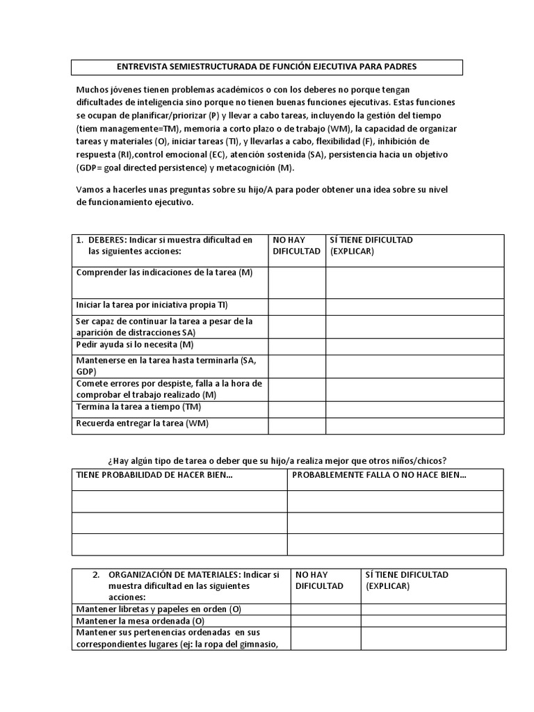 Cuestionario Func. Ejecutiva - Español | PDF | Memoria | Funciones ejecutivas