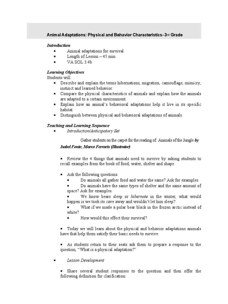 Animal Adaptations Lesson Plan | PDF | Adaptation | Instinct