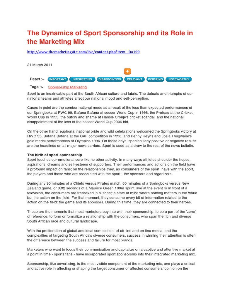Sport Sponsorship and Its Role in The Marketing Mix | PDF | Sponsor ...