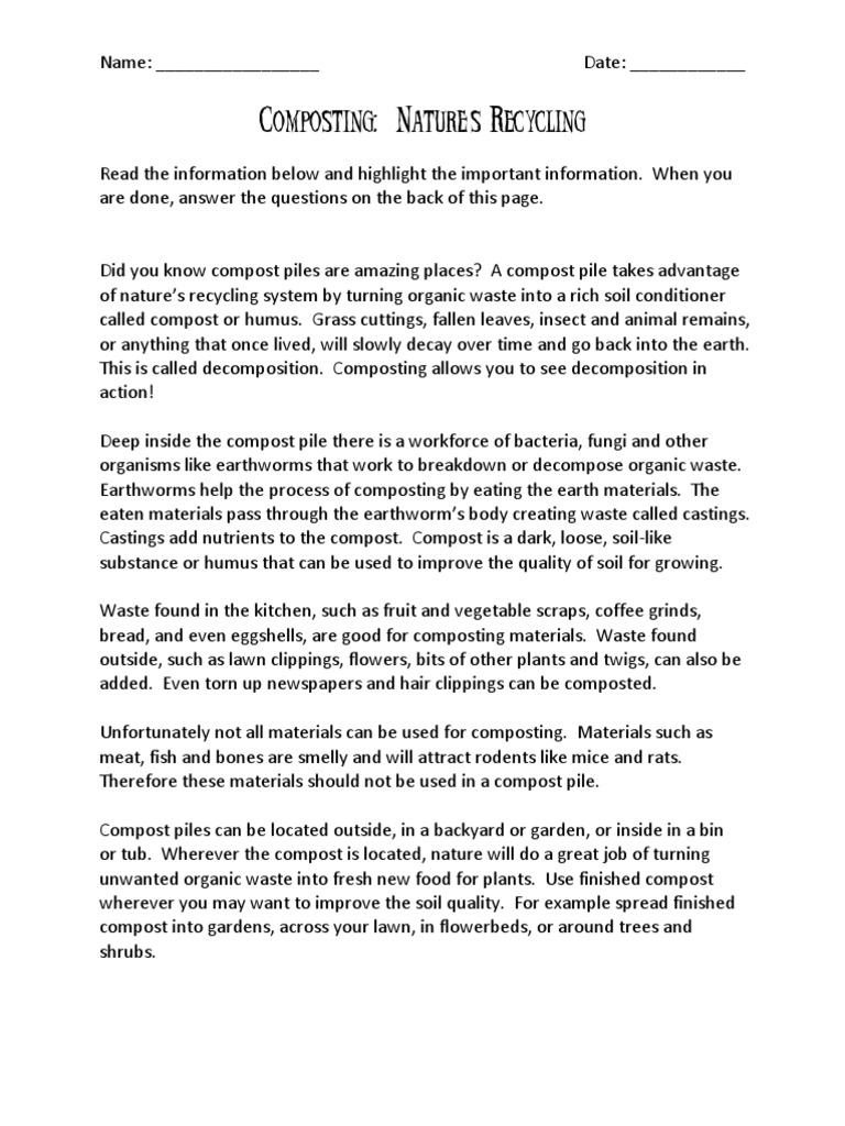 Literacy Article Soil Composting WKST | PDF