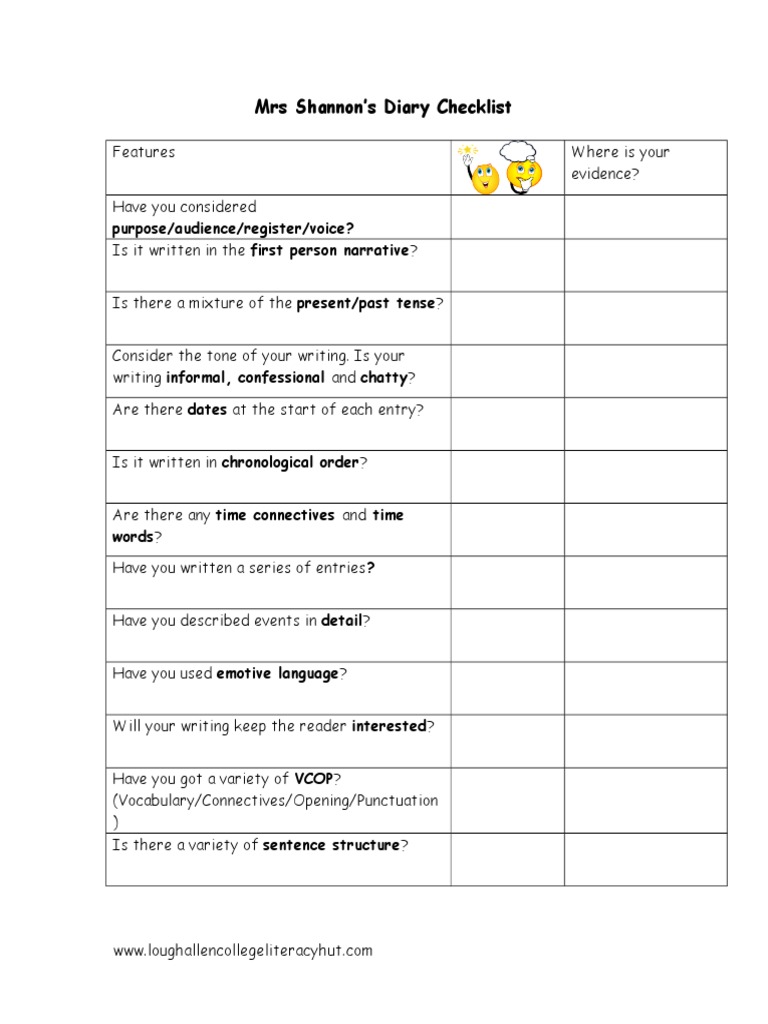 Diary Entry Writing Checklist | PDF | Language Arts & Discipline ...