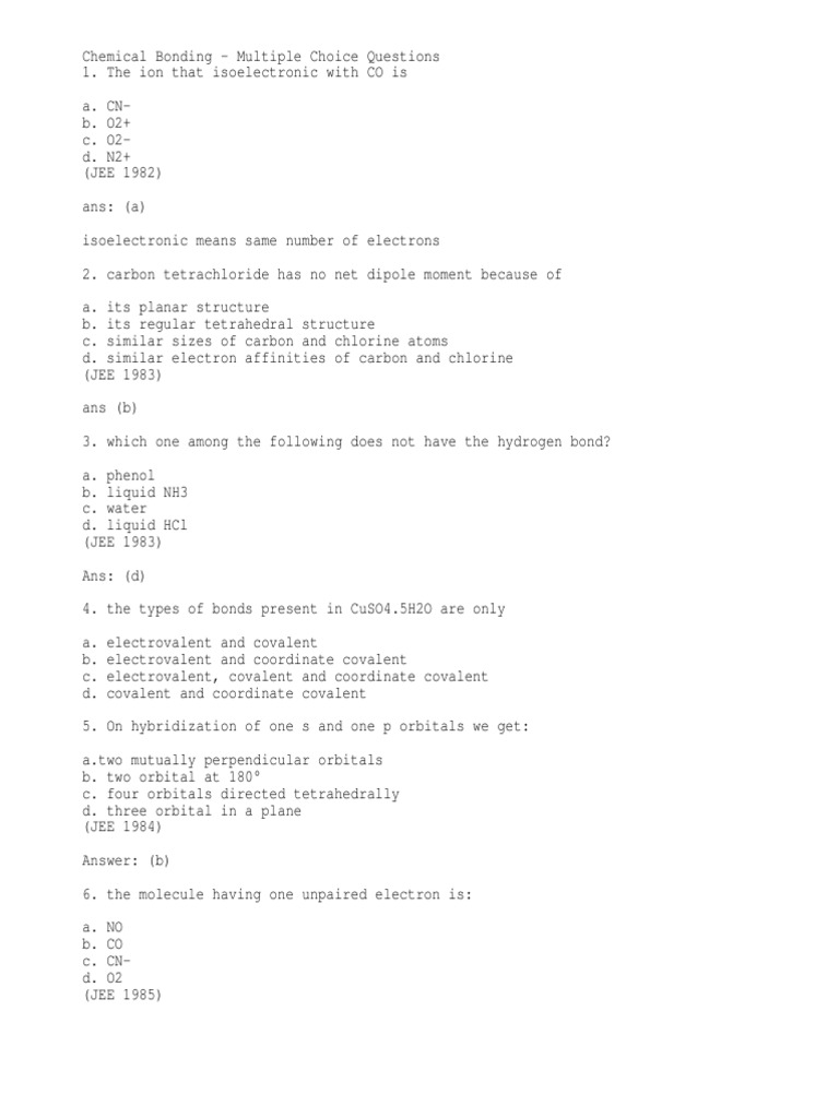 Chemical Bonding - Multiple Choice Questions | PDF | Covalent Bond ...