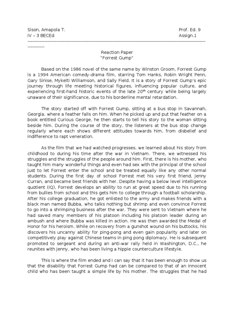 Forrest Gump Film Reaction Paper | PDF
